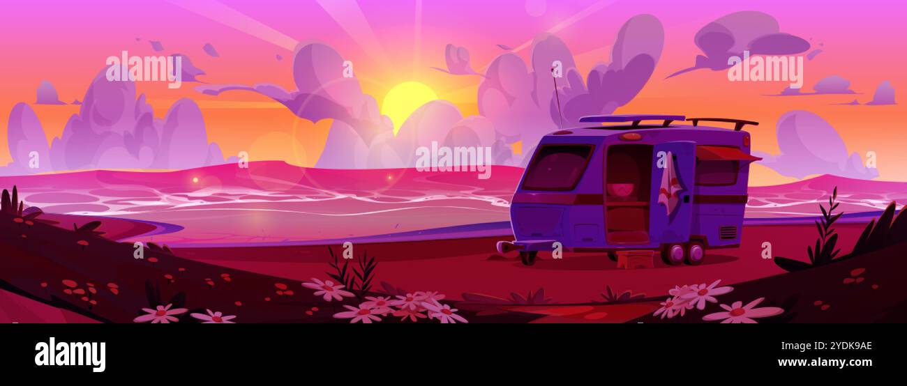 Camper van trailer with open door standing on sea or lake beach with ...