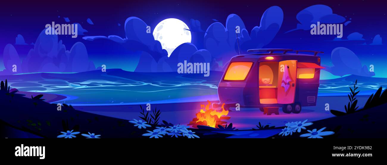 Camper van trailer with campfire under full moon light on sand beach of ...