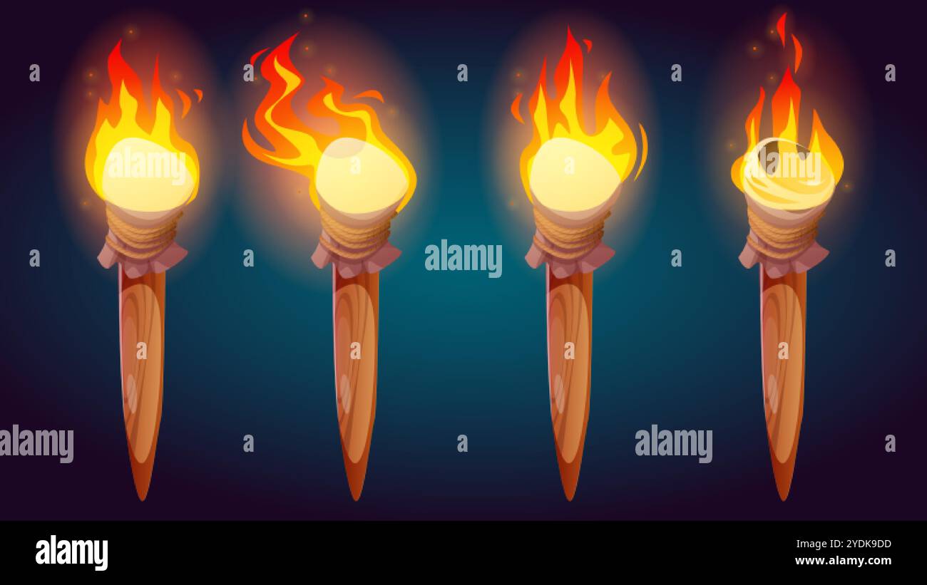 Torch fire set isolated on black background. Vector cartoon ...