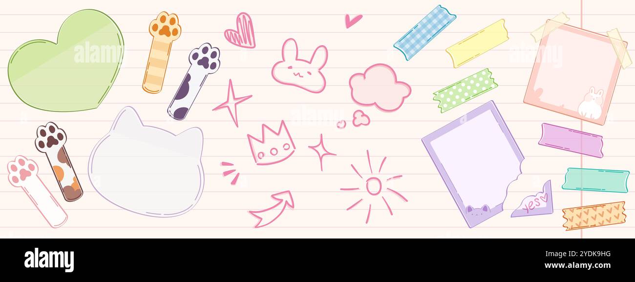 Note stickers with cute pink girly doodle elements for diary or bullet ...