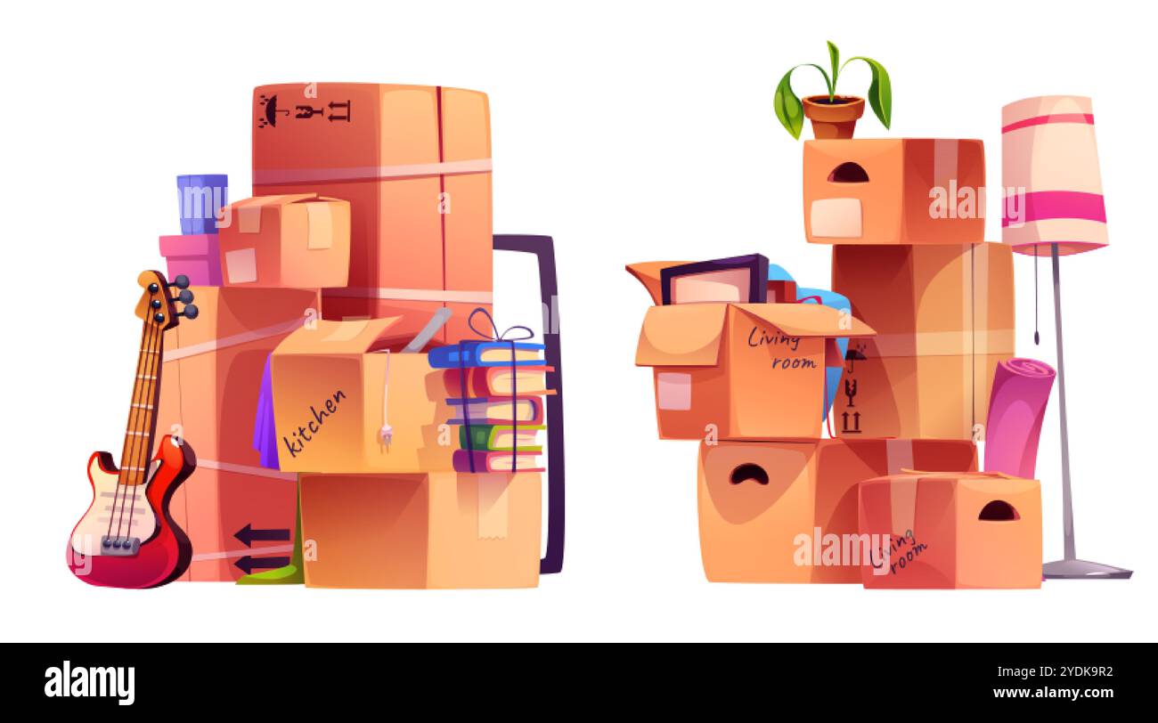 Boxes with house stuff isolated on white background. Vector cartoon ...