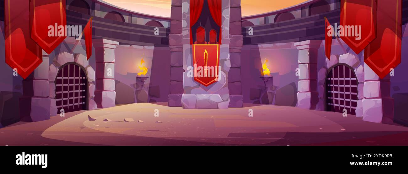 Ancient roman gladiator arena with red imperial flags, fire in torch on ...