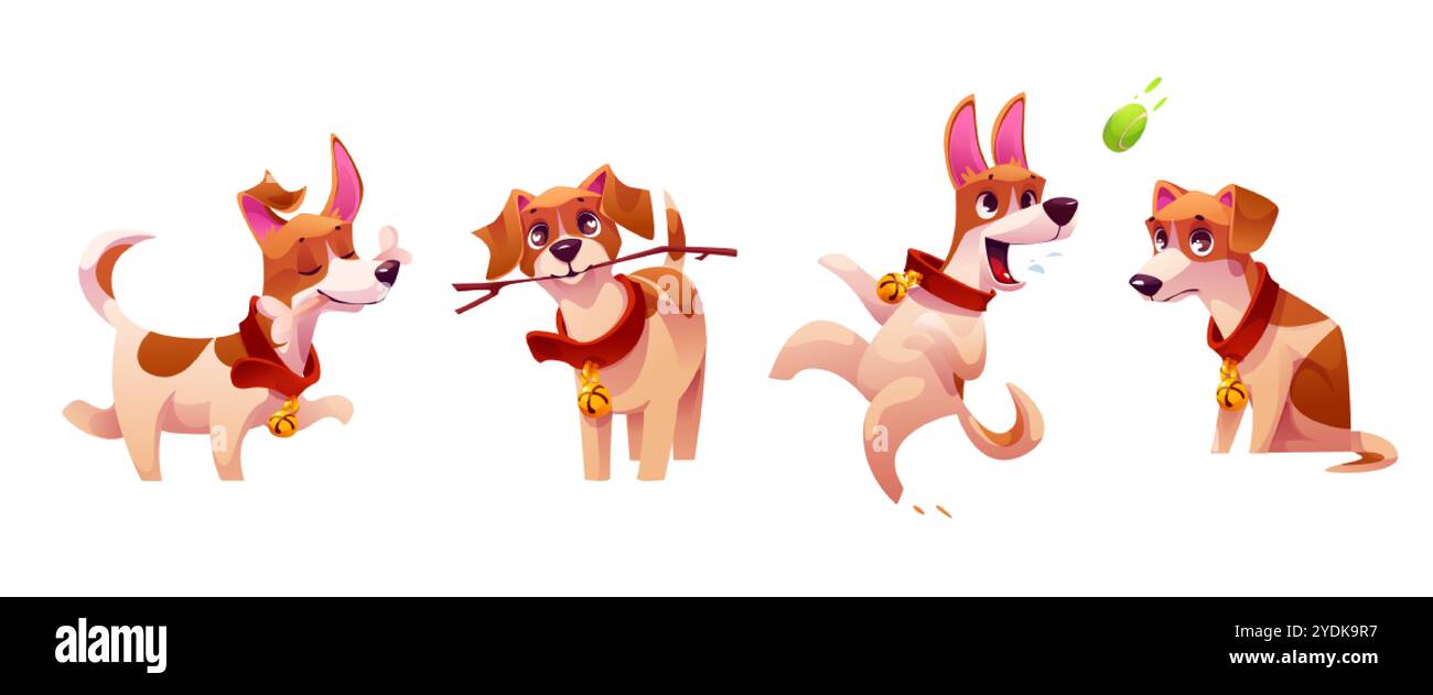 Cute dog character behavior cartoon vector set. Puppy pet play ball and ...