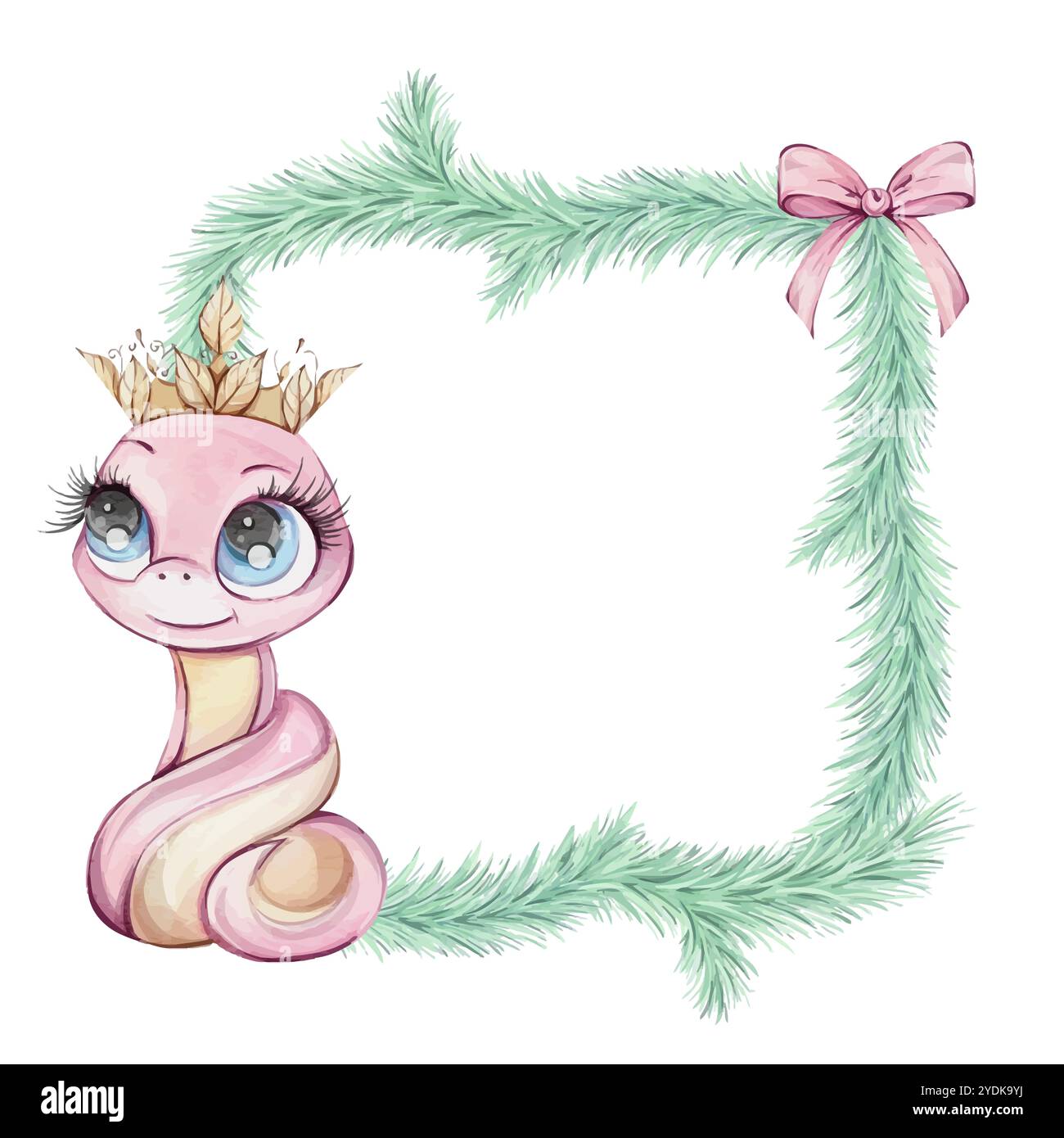 Pink snake girl princess with tree branch and pink bow. Watercolor ...