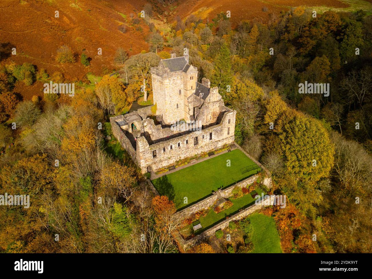 Dollar, Scotland, UK. 26th October, 2024. Aerial view of Castle ...
