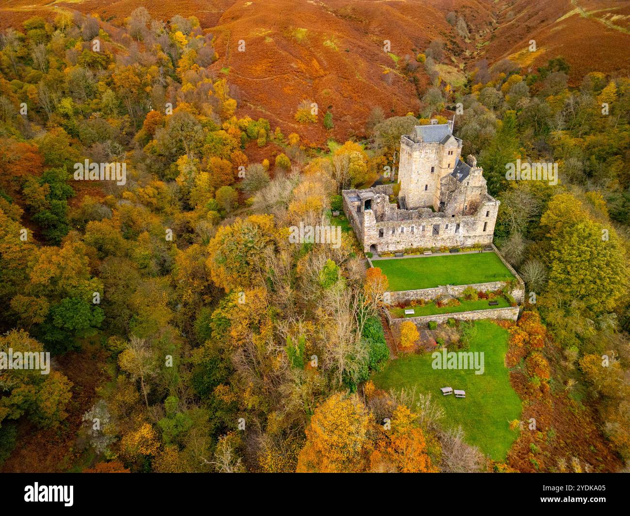 Dollar, Scotland, UK. 26th October, 2024. Aerial view of Castle ...