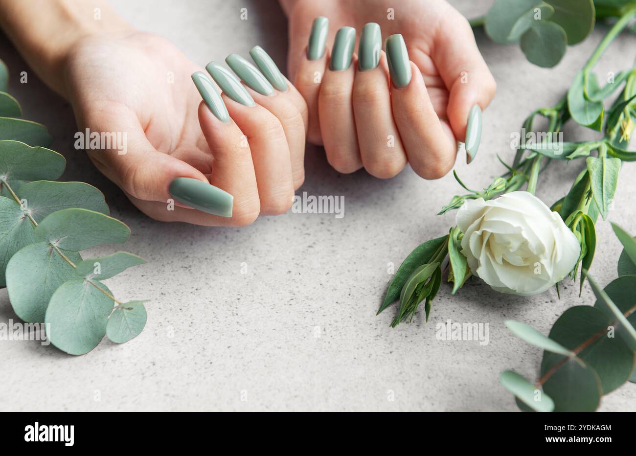 Two hands display perfectly manicured long green nails, resting on a ...
