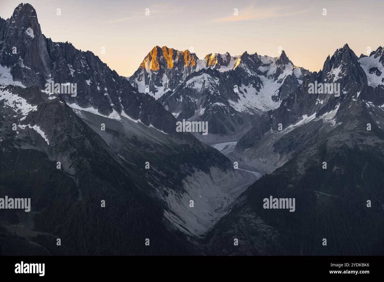 Morning atmosphere, mountain landscape at sunrise, Grandes Jorasses mountain peak, Mont Blanc ...