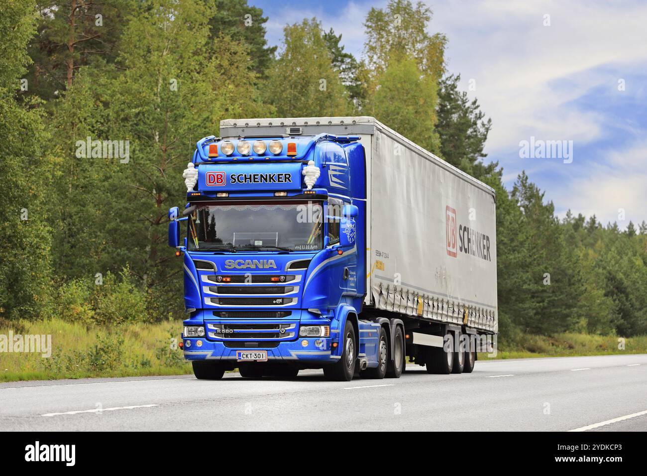 Blue Scania R580 truck semi trailer for DB Schenker transports at speed ...
