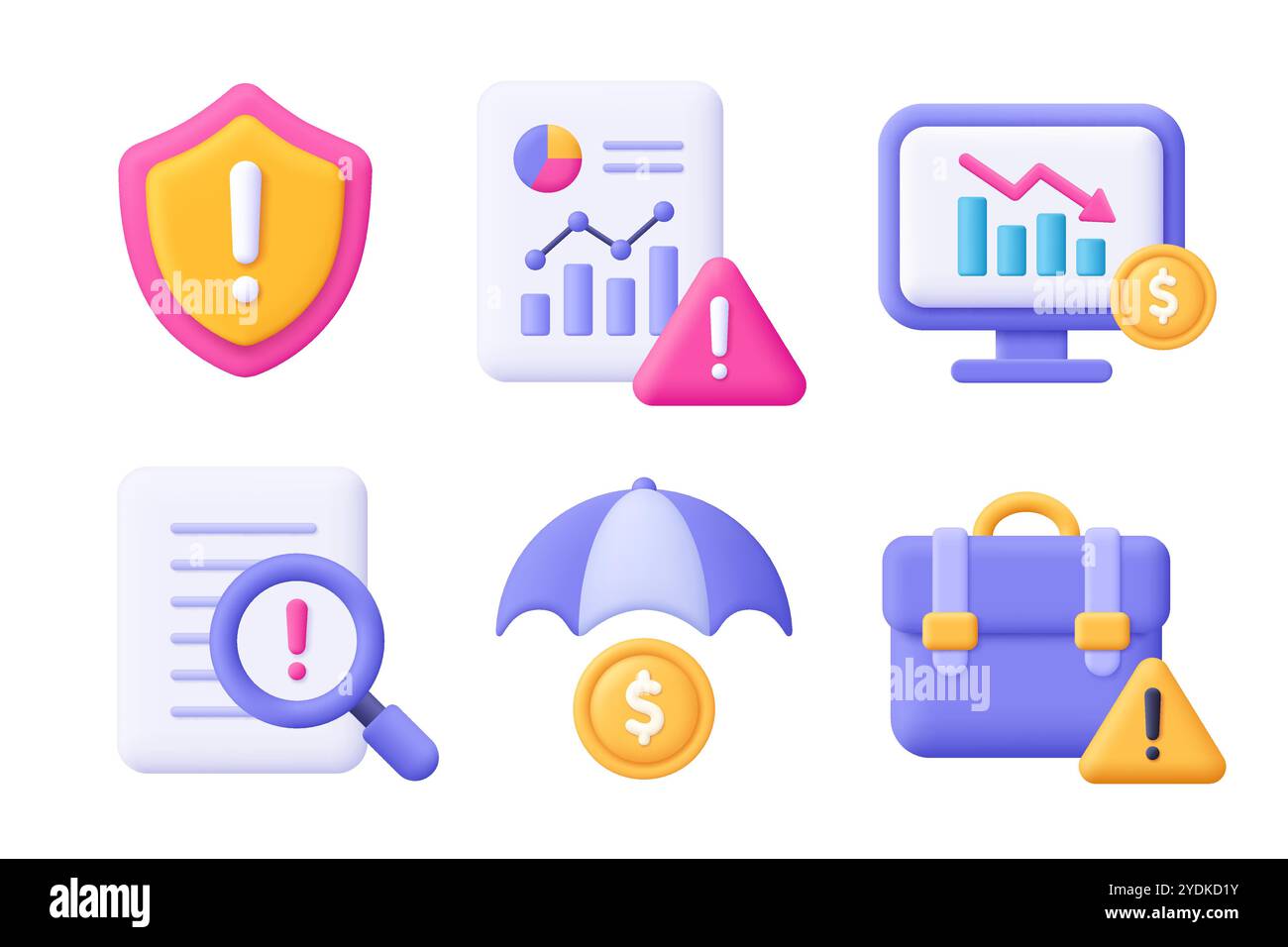 Business risk and risk management 3d vector icon set. Shield, chart ...