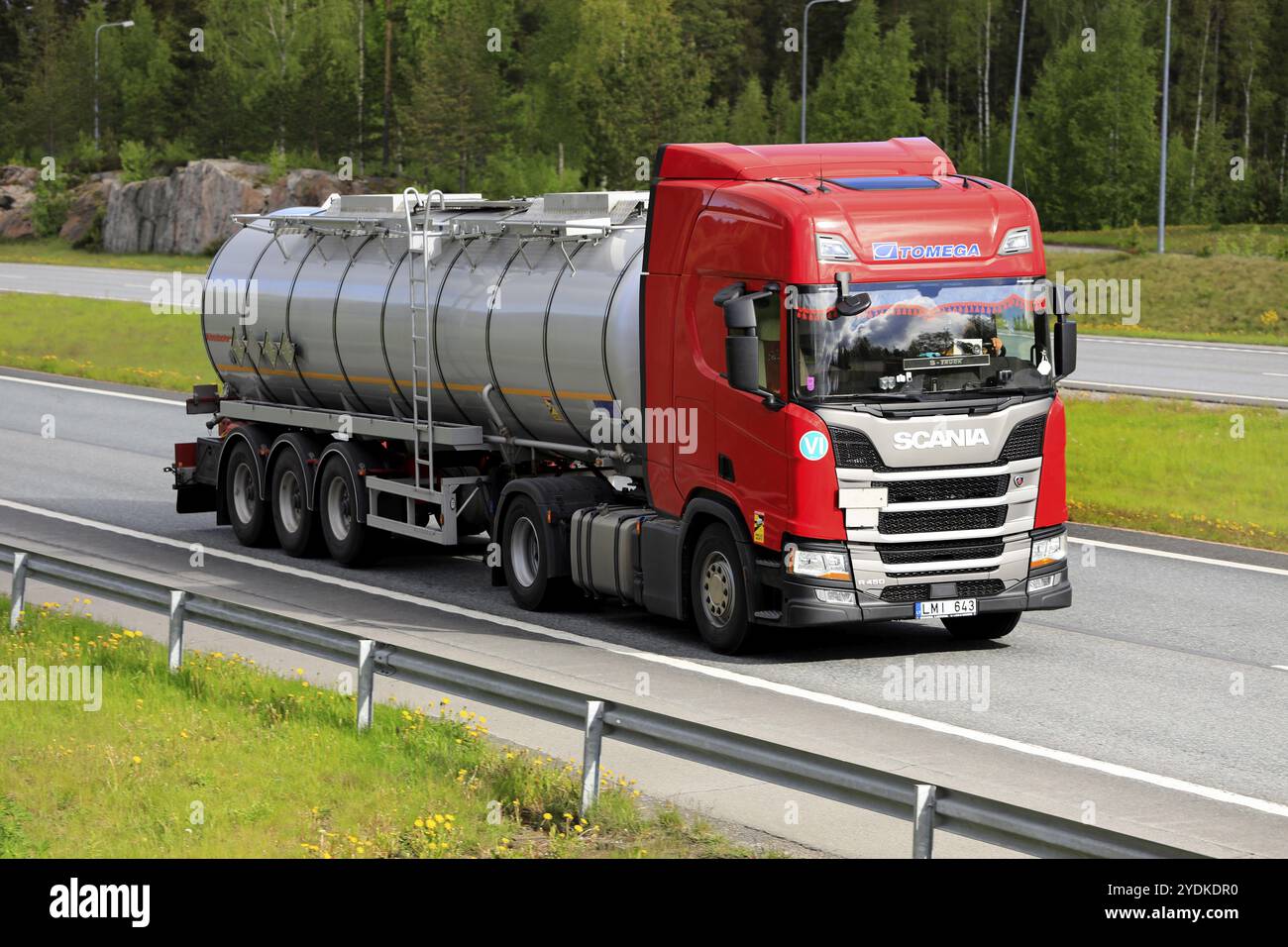Red Scania R450 semi tanker truck Tomega hauls load on motorway in ...