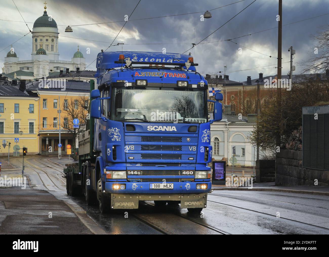 Blue customised Scania 144G A. Street Trans pulling gooseseck trailer ...
