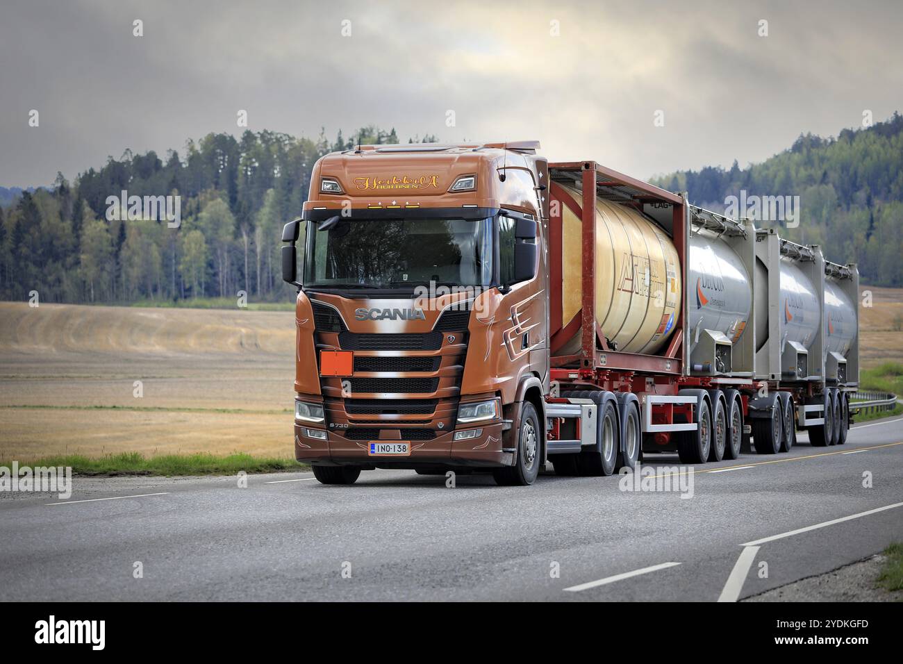 Scania S730 truck of AH-Trans Oy hauls four chemical tank containers on ...