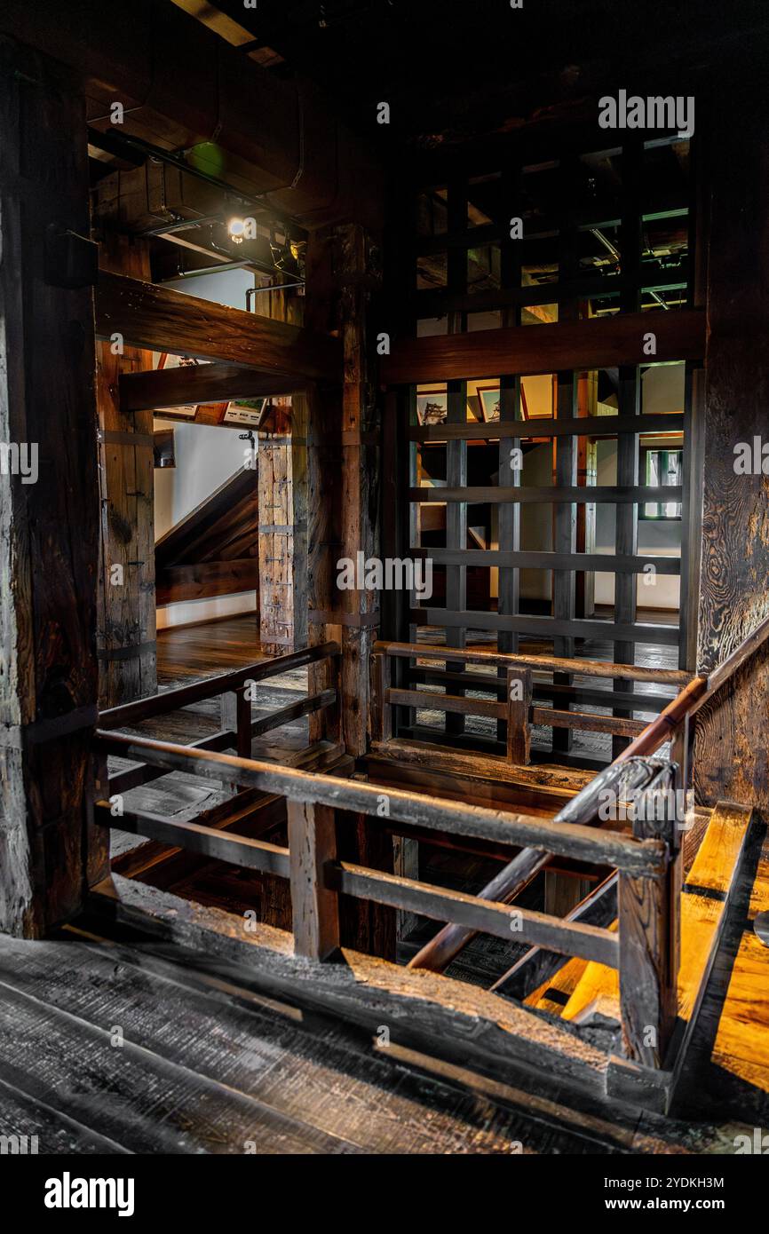 Stairs inside the main keep of Matsue Castle built in early 17th ...