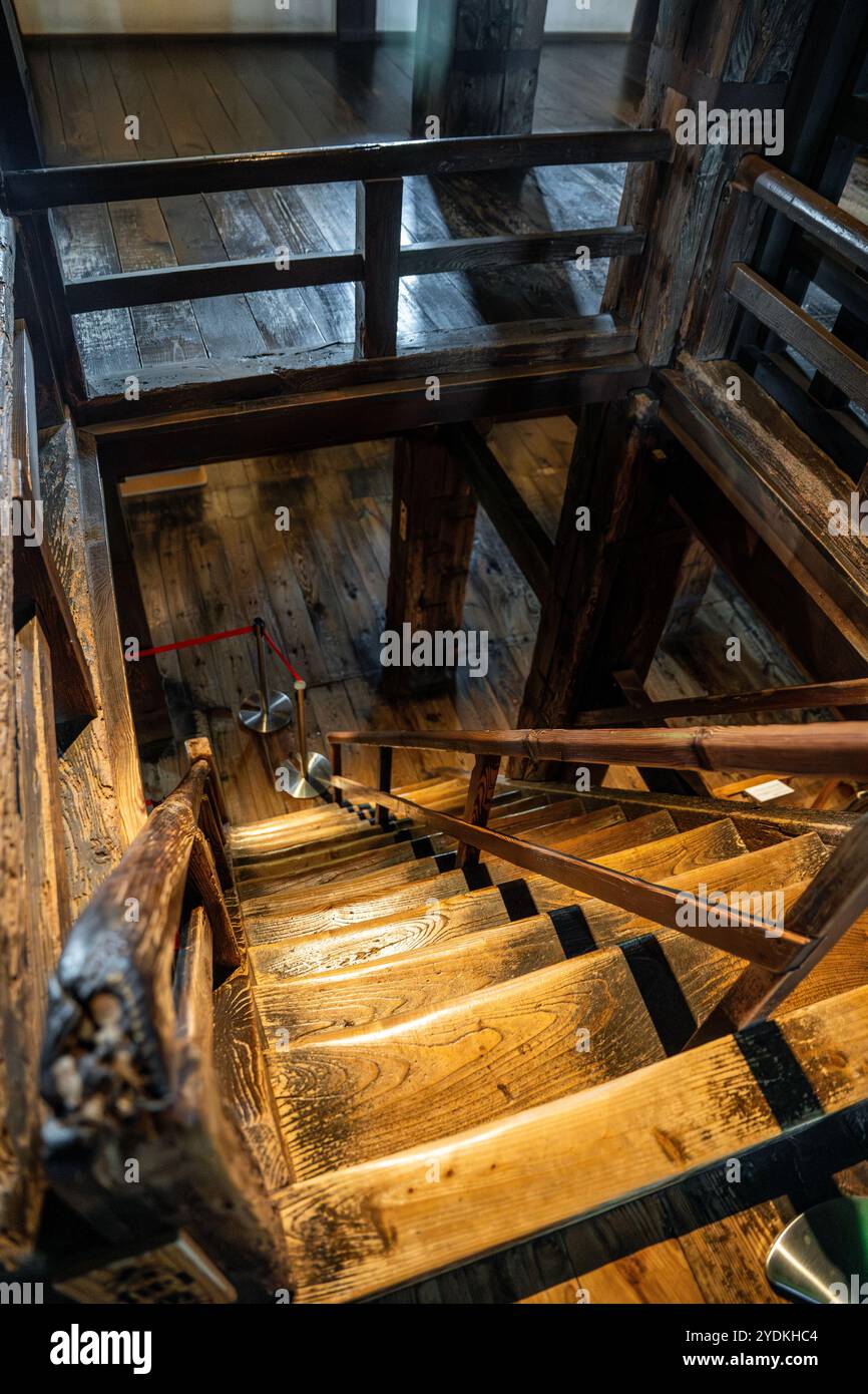 Stairs inside the main keep of Matsue Castle built in early 17th ...