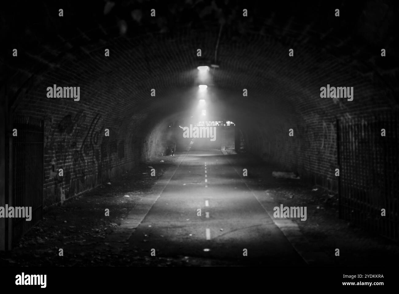 tunnel illuminated by lights with night smoke road with fog illuminated ...