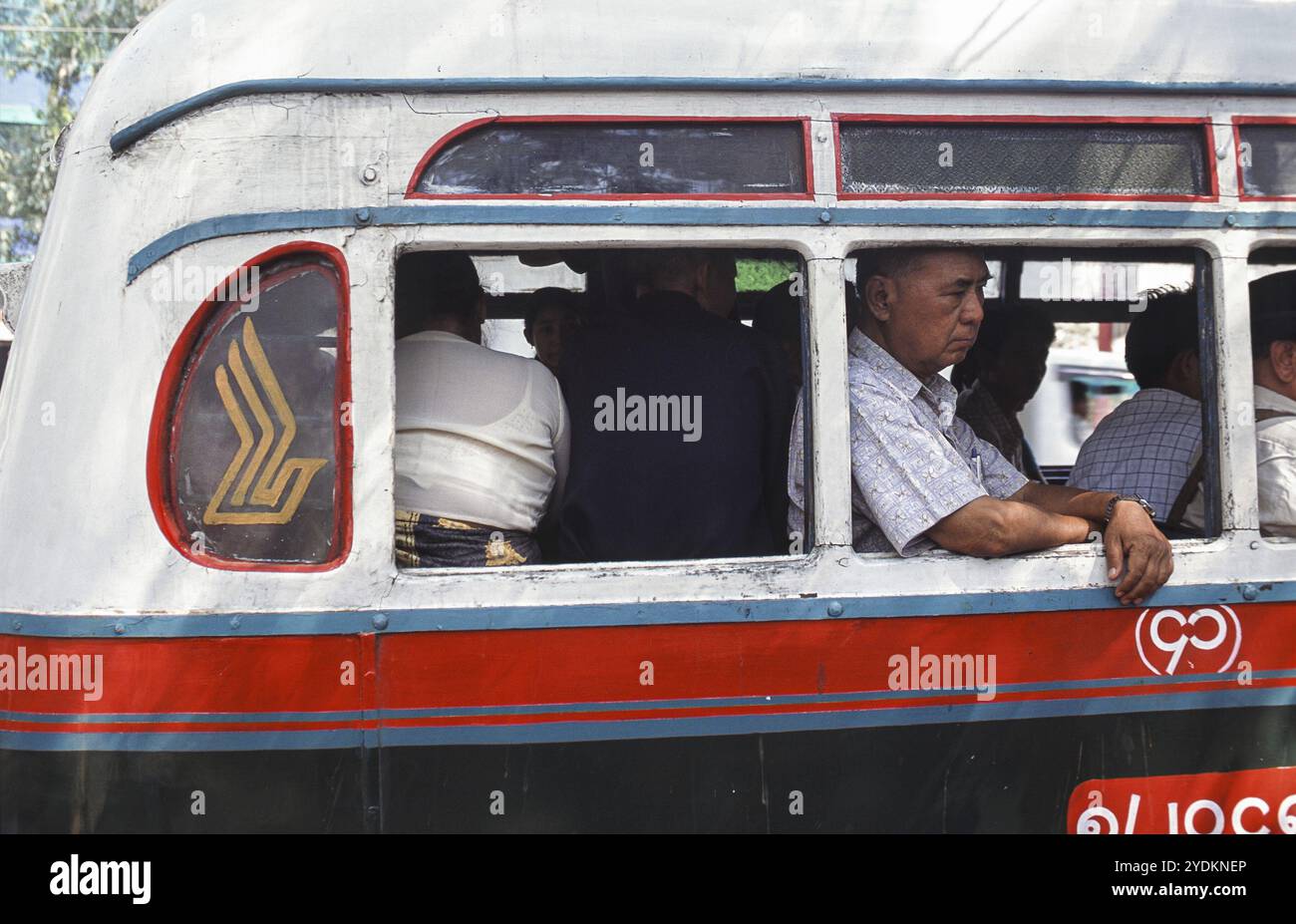 01.03.2008, Yangon, Myanmar, Asia, Passengers sit in a crowded public ...