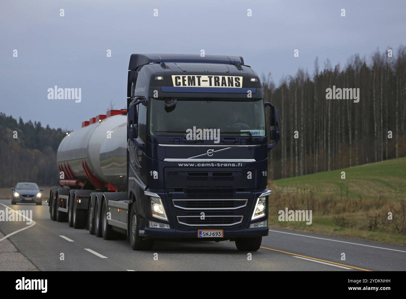 SALO, FINLAND, OCTOBER 22, 2016: Dark blue Volvo FH tank truck of Cemt ...