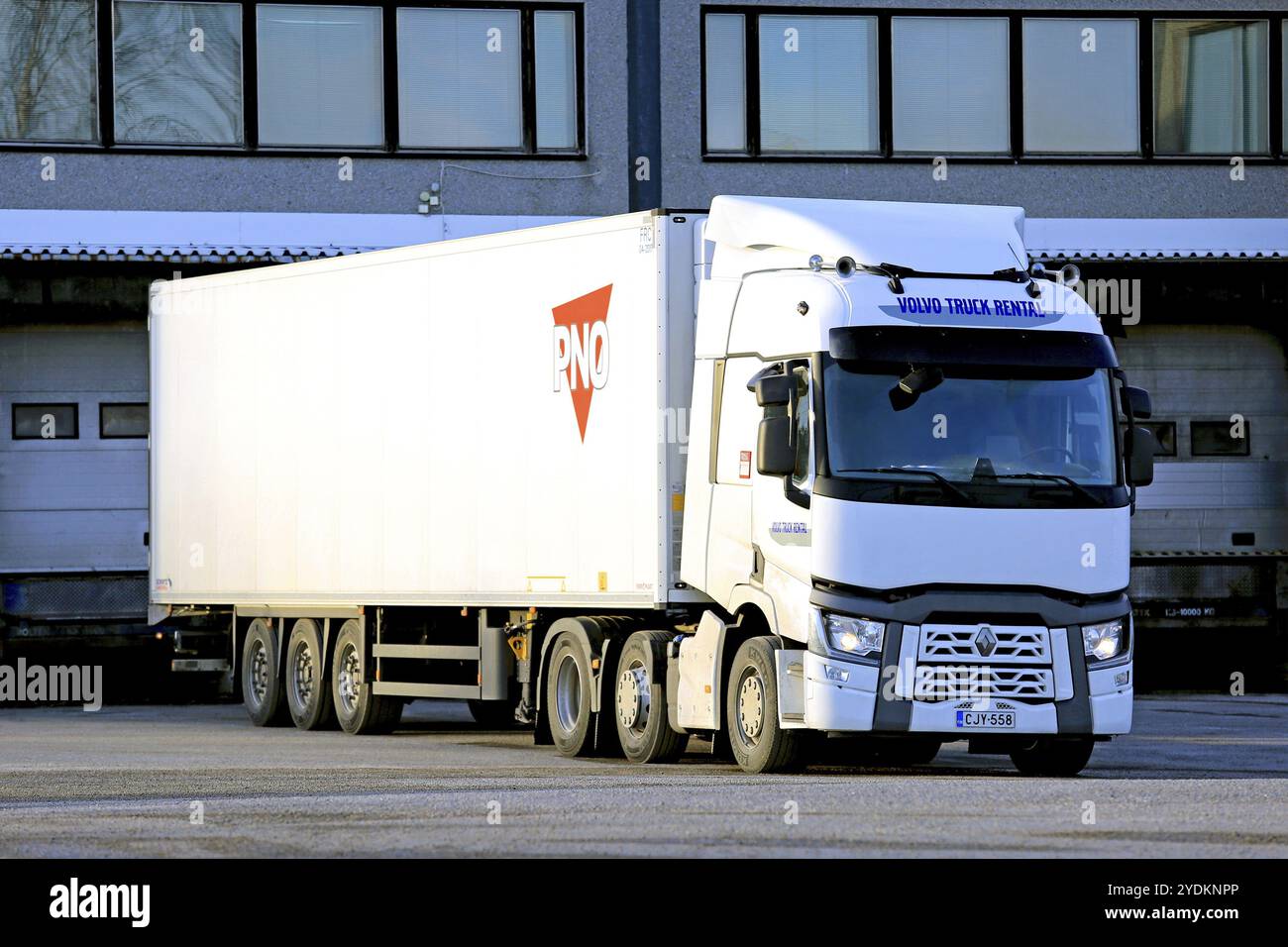 SALO, FINLAND, MARCH 12, 2017: White Renault Trucks T semi trailer on a ...