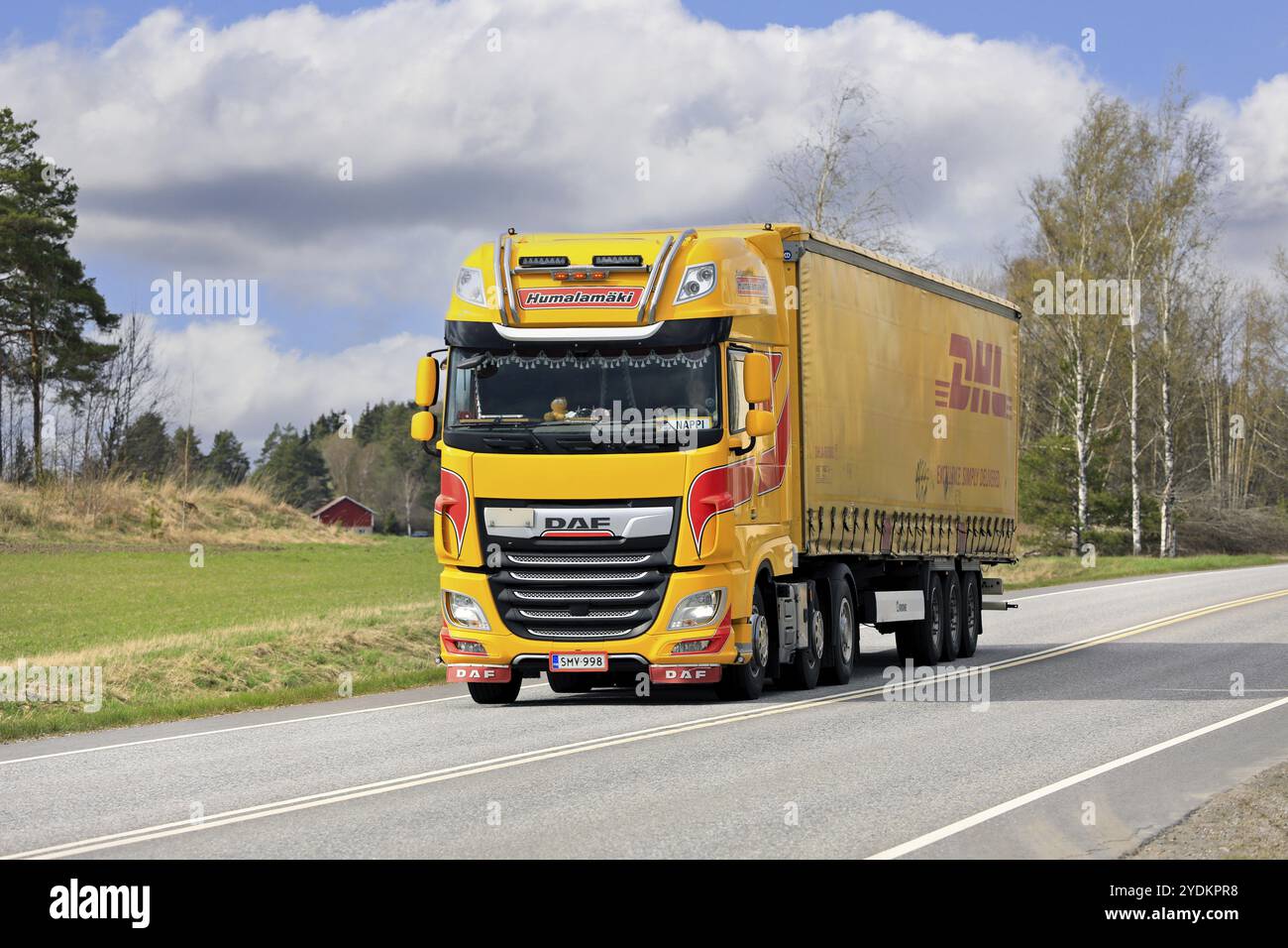 Yellow DAF XF480 FTG truck of Kuljetusliike Humalamaki Ky pulls DHL ...