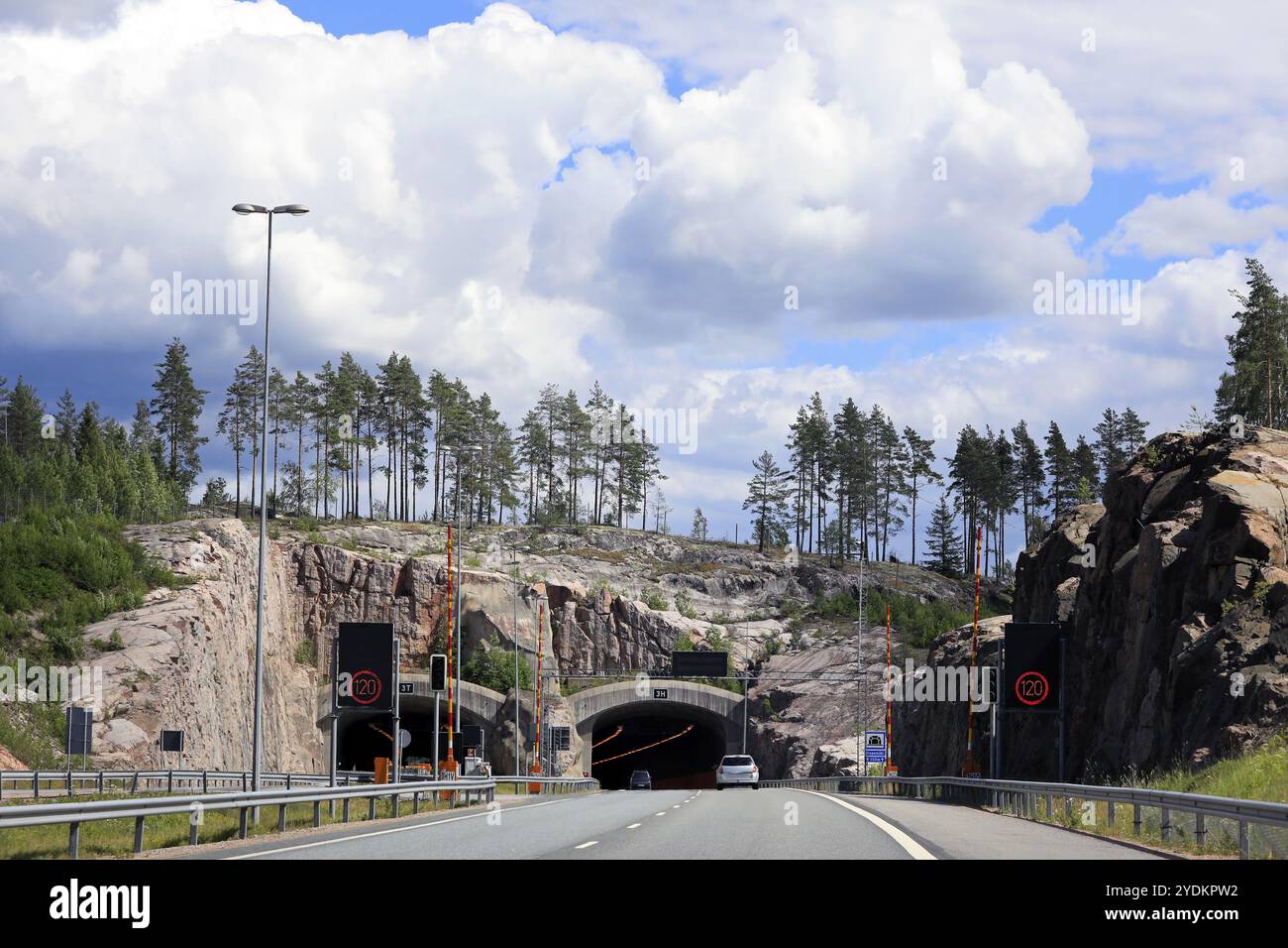 Freeway landscape of E18 in South of Finland with tunnel ahead, with ...