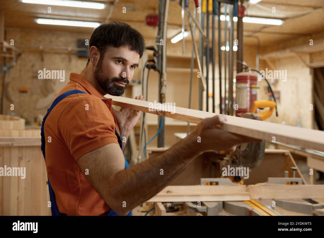 Portrait of artisan holding wooden timber plank over woodwork studio Stock Photo - Alamy