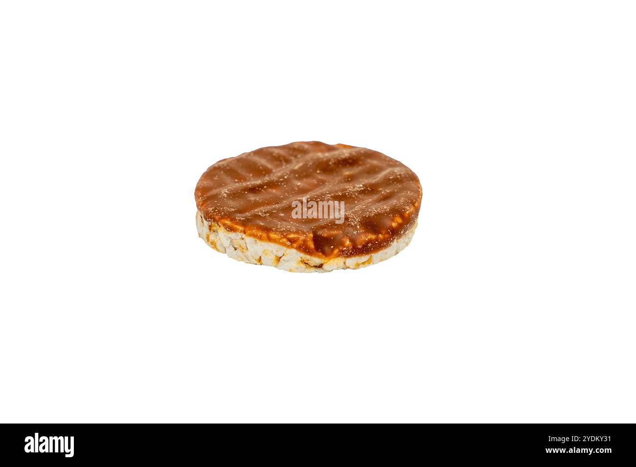 One rice waffle with chocolate on top. The wafer is round, with a brown ...