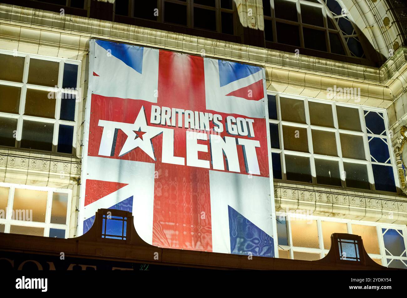 Britians got talent banner at night on the side of Blackpool Winter ...