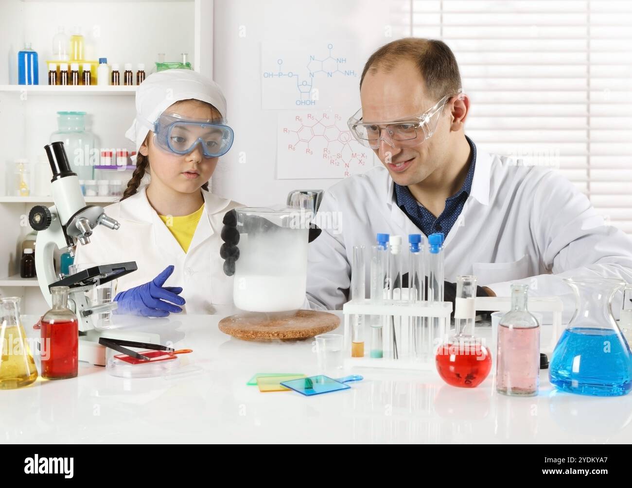 The teacher conducts a lesson in chemistry for schoolgirl in the ...
