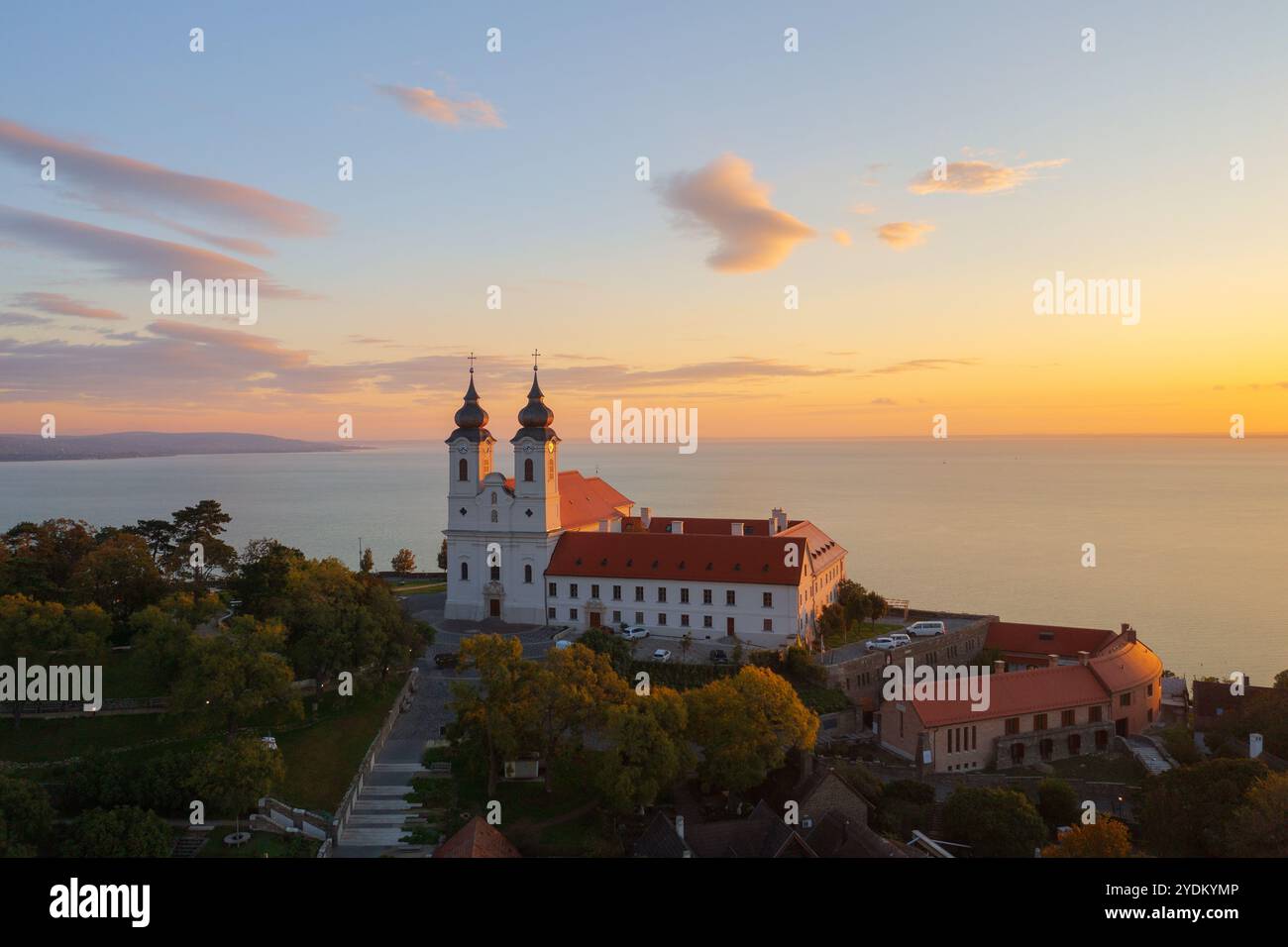 Aerial skyline view about the famous Benedictine Monastery of Tihany ...