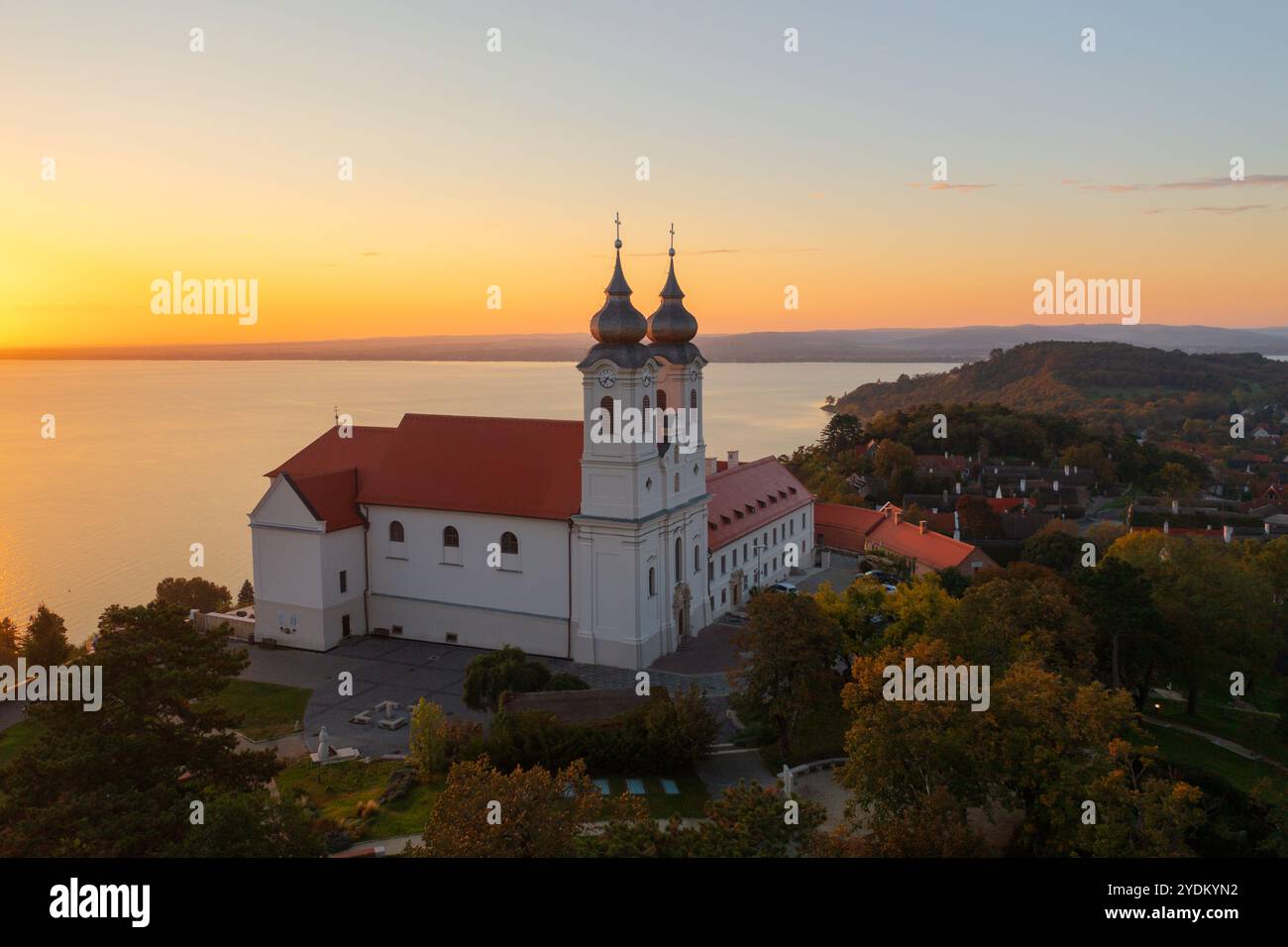 Aerial skyline view about the famous Benedictine Monastery of Tihany ...