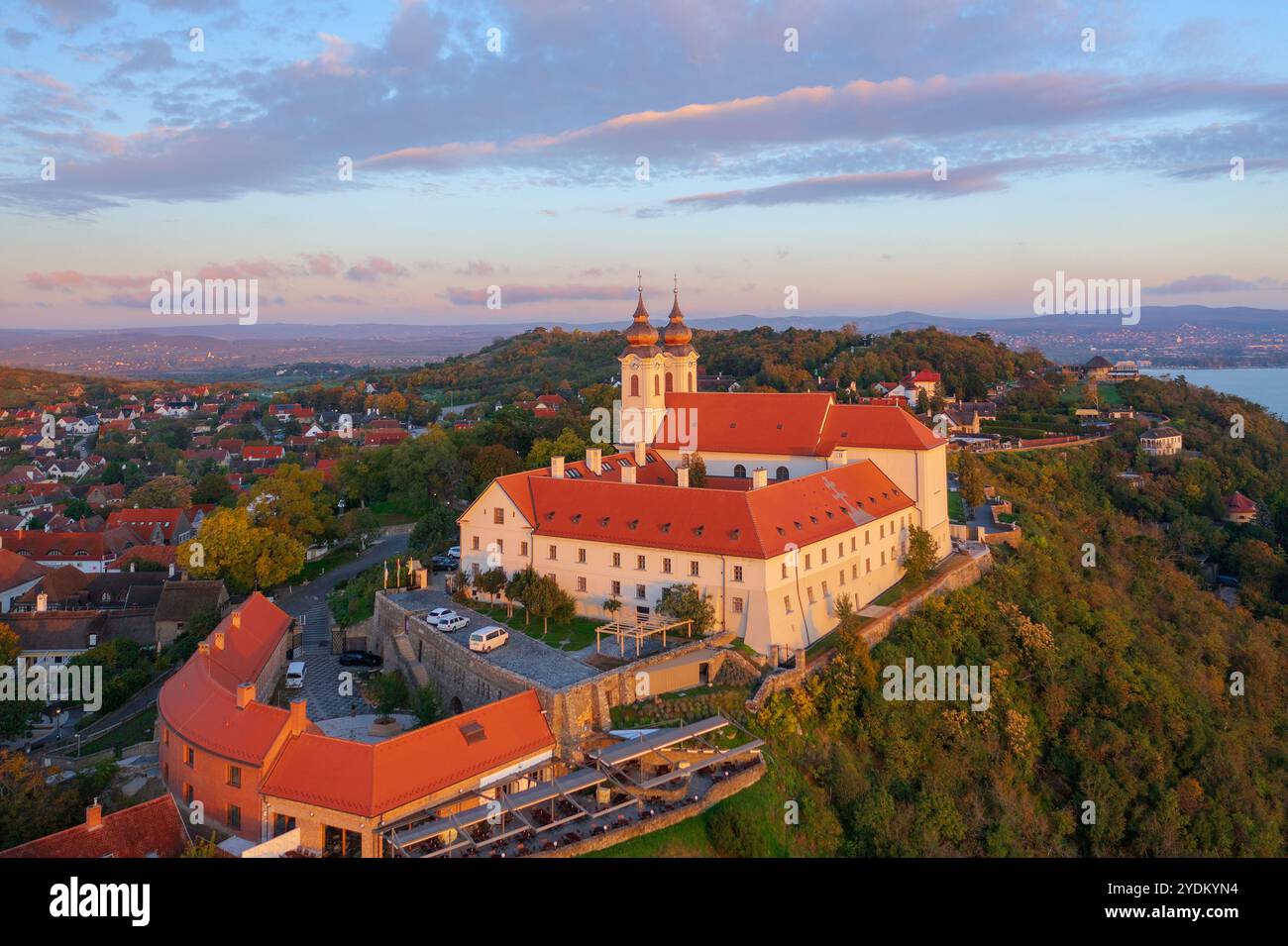 Aerial skyline view about the famous Benedictine Monastery of Tihany ...