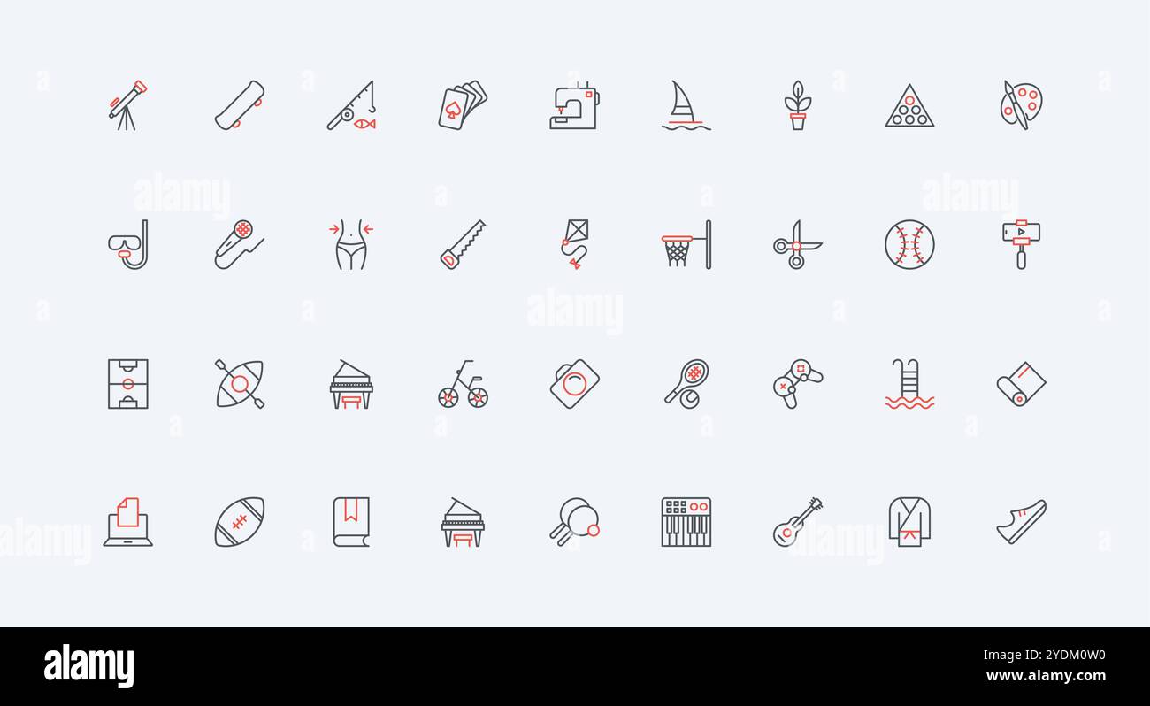 Entertainment, sport games and hobby for free time, weekend and vacation line icon set. Tennis ...