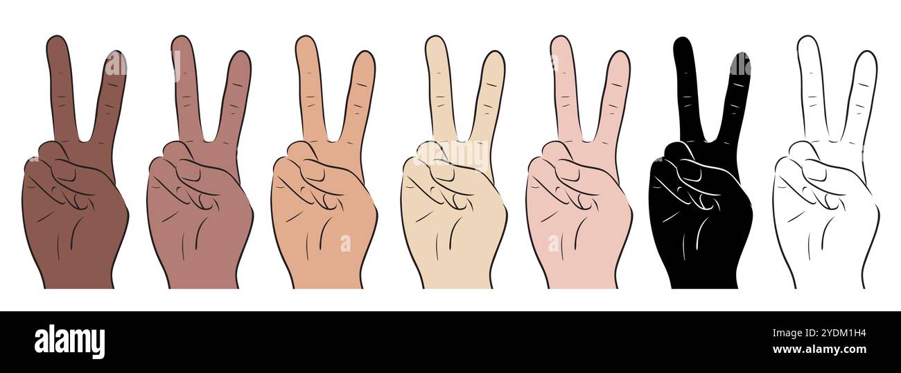 Vector set of victory symbol with fingers of different nationalities ...