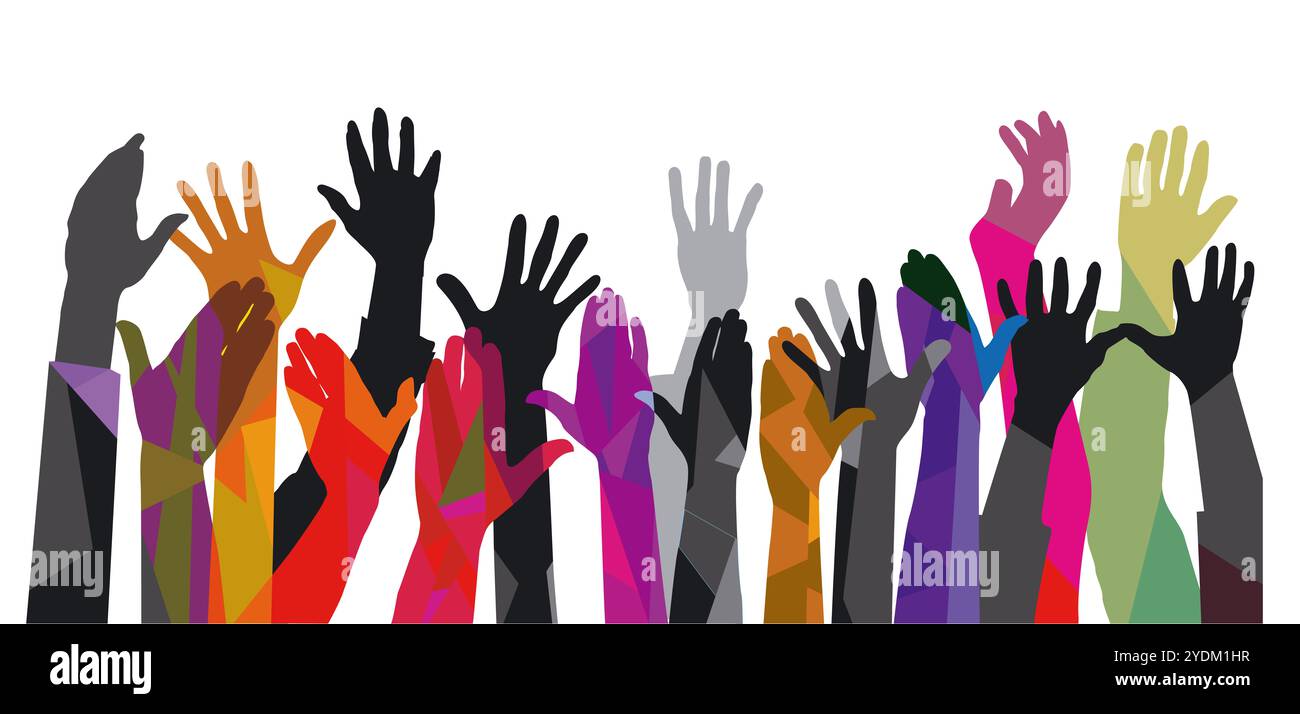 Group of people raising their hands, isolated on a white background ...