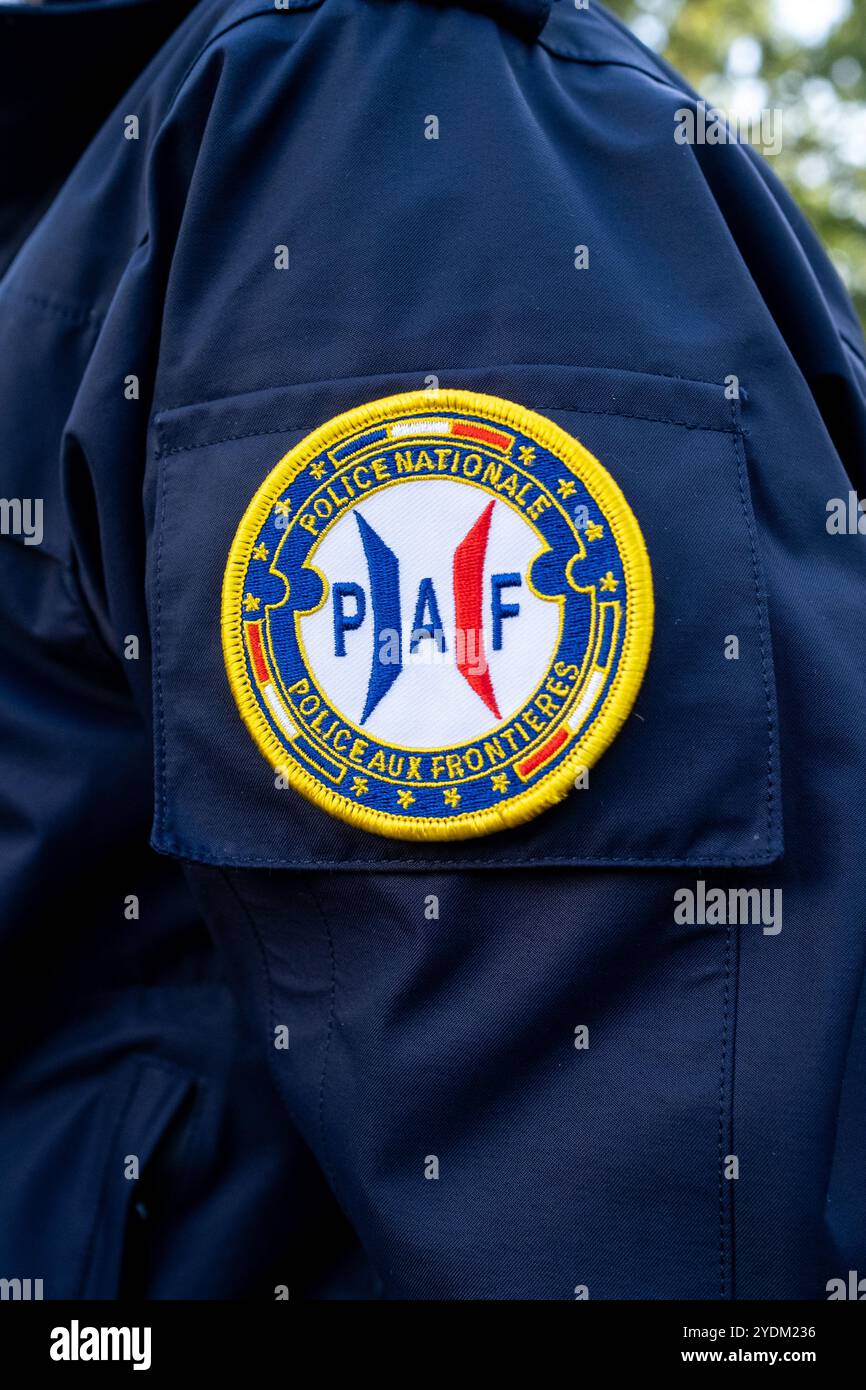 Border police badge on the arm of a student police officer the ...