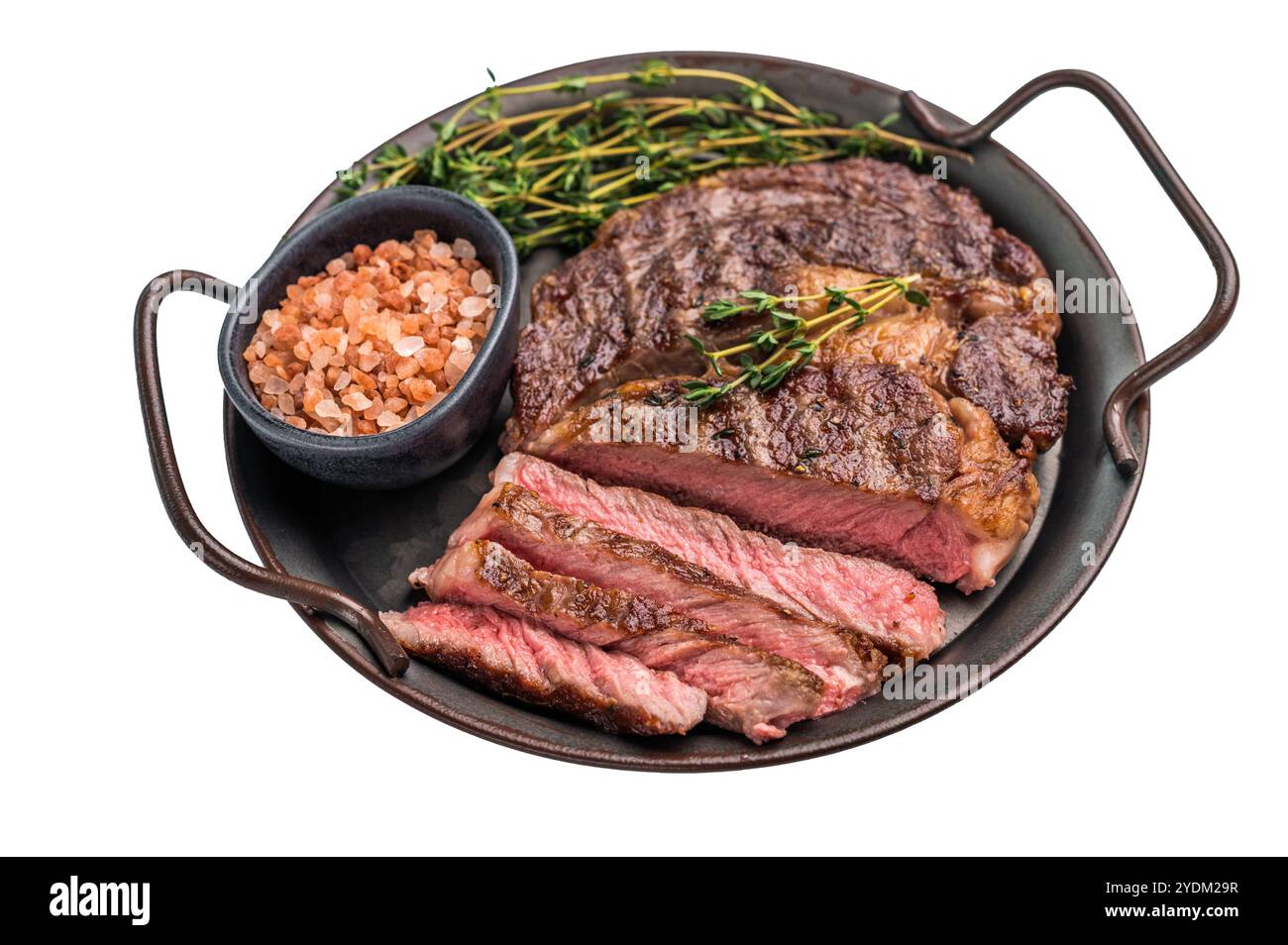 Grilled Rib eye steak with herbs in a tray, roast prime beef meat ...
