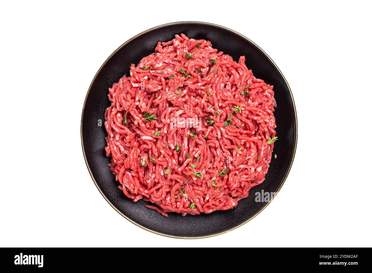 Lamb Mutton ground mince raw meat, forcemeat on a black plate, isolated ...