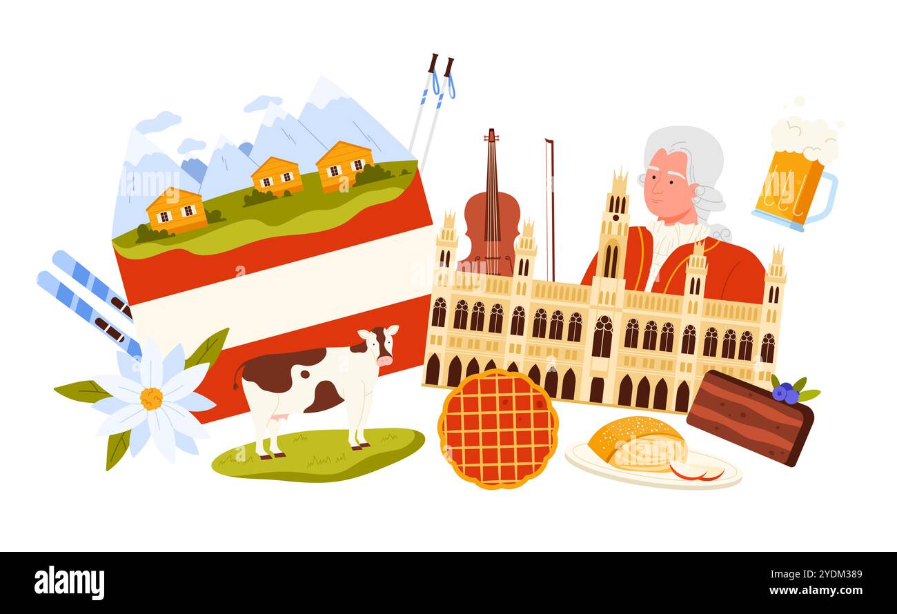 Travel to Austria, collage of famous culture elements. Alpine mountain ...