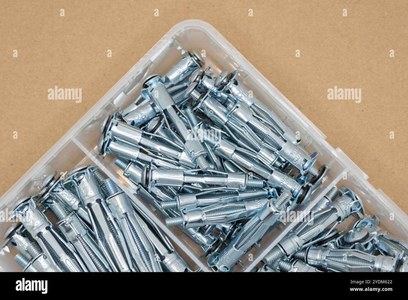 Metal expansion anchor bolts are lying inside a plastic organizer box ...