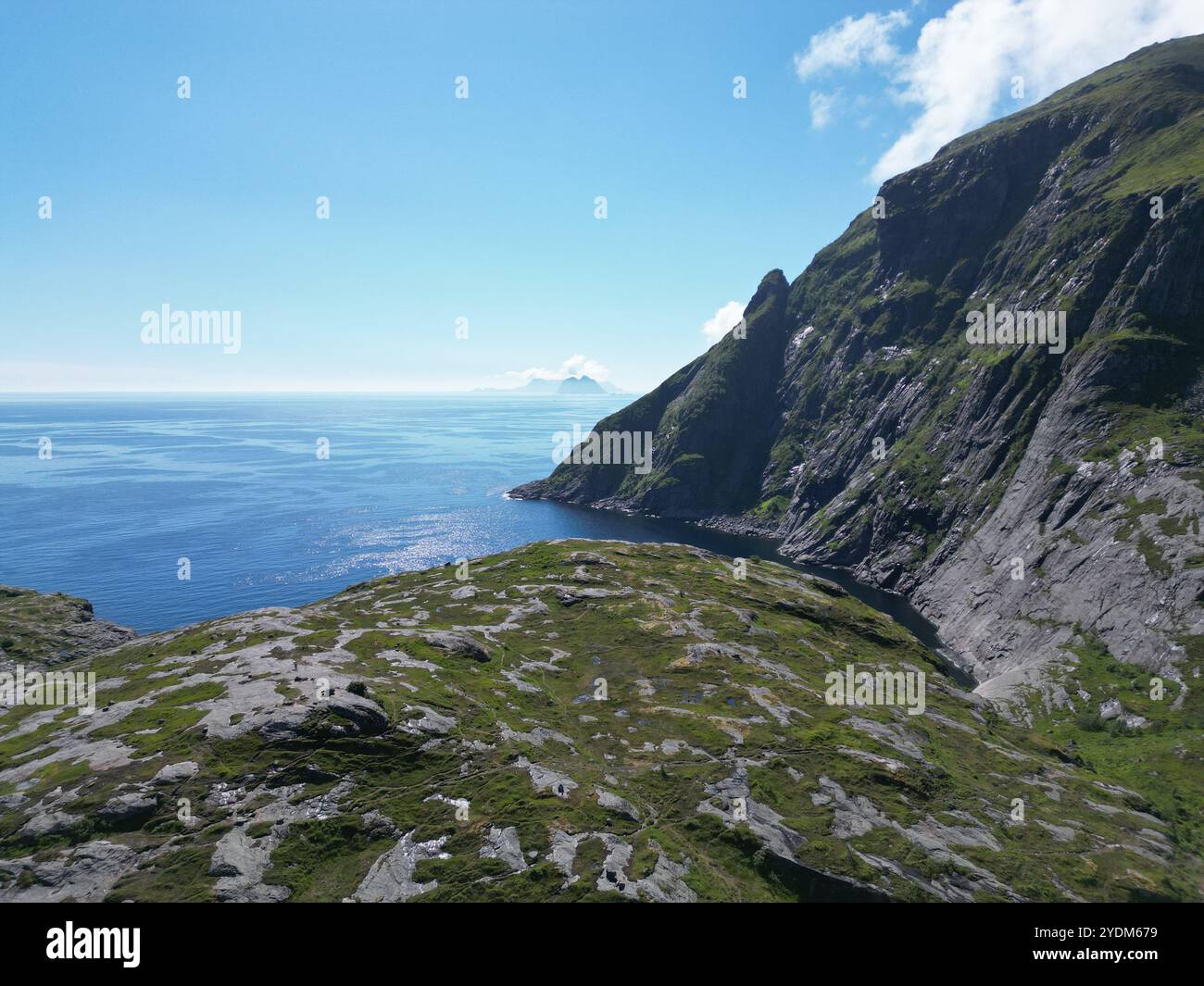 Aerial shot of cliffs in A, Norway small fishing village in Lofoten ...