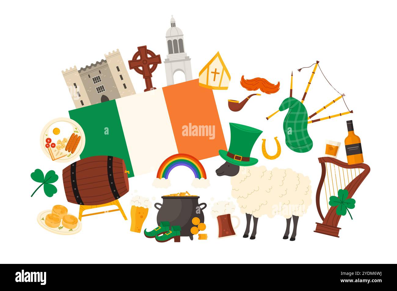 Travel to Ireland, Irish culture elements and famous Saint Patrick Day items, landmarks in ...