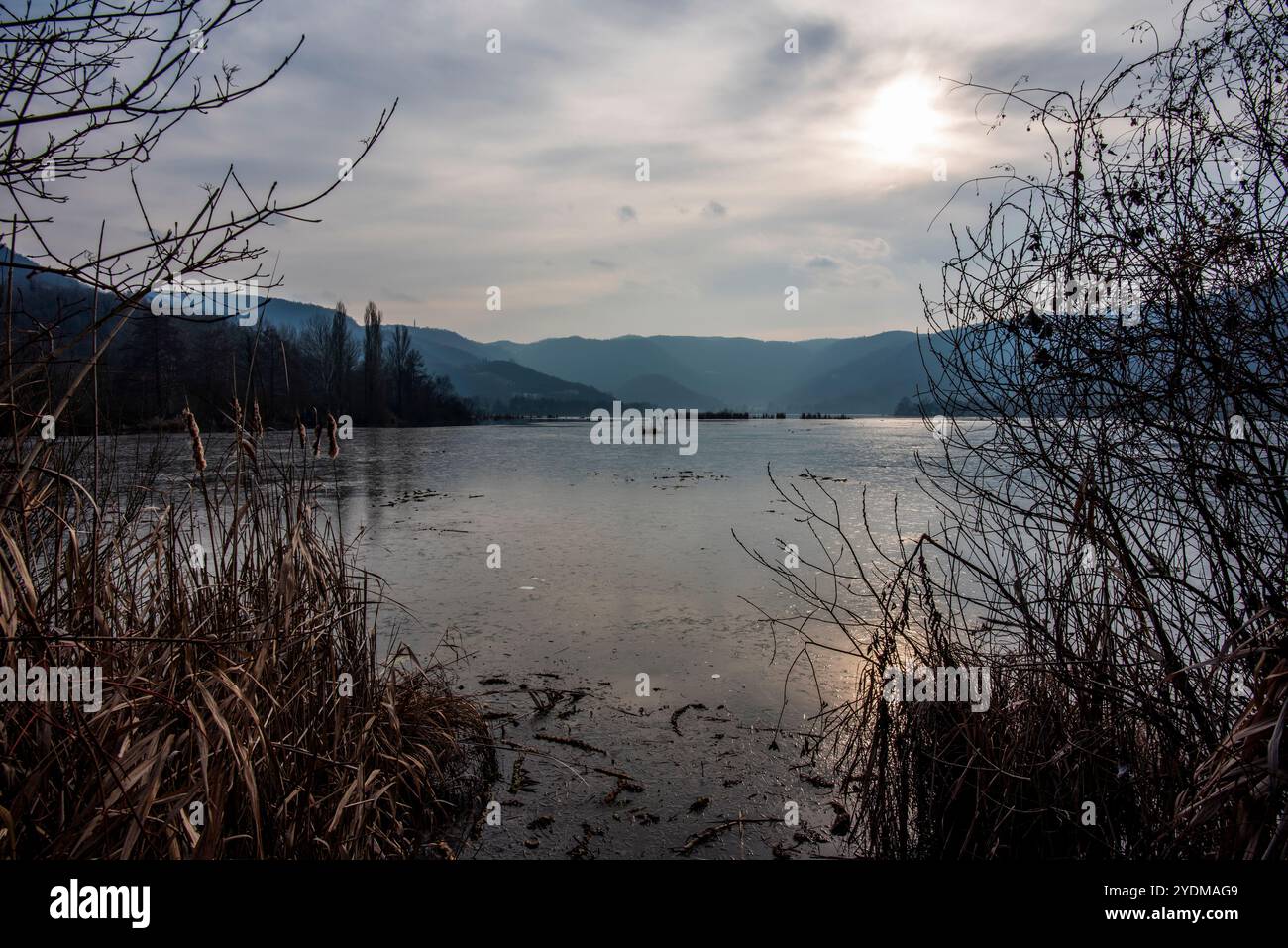 panorama of Fimon lake among the calm and quiet waters on an autumn day ...