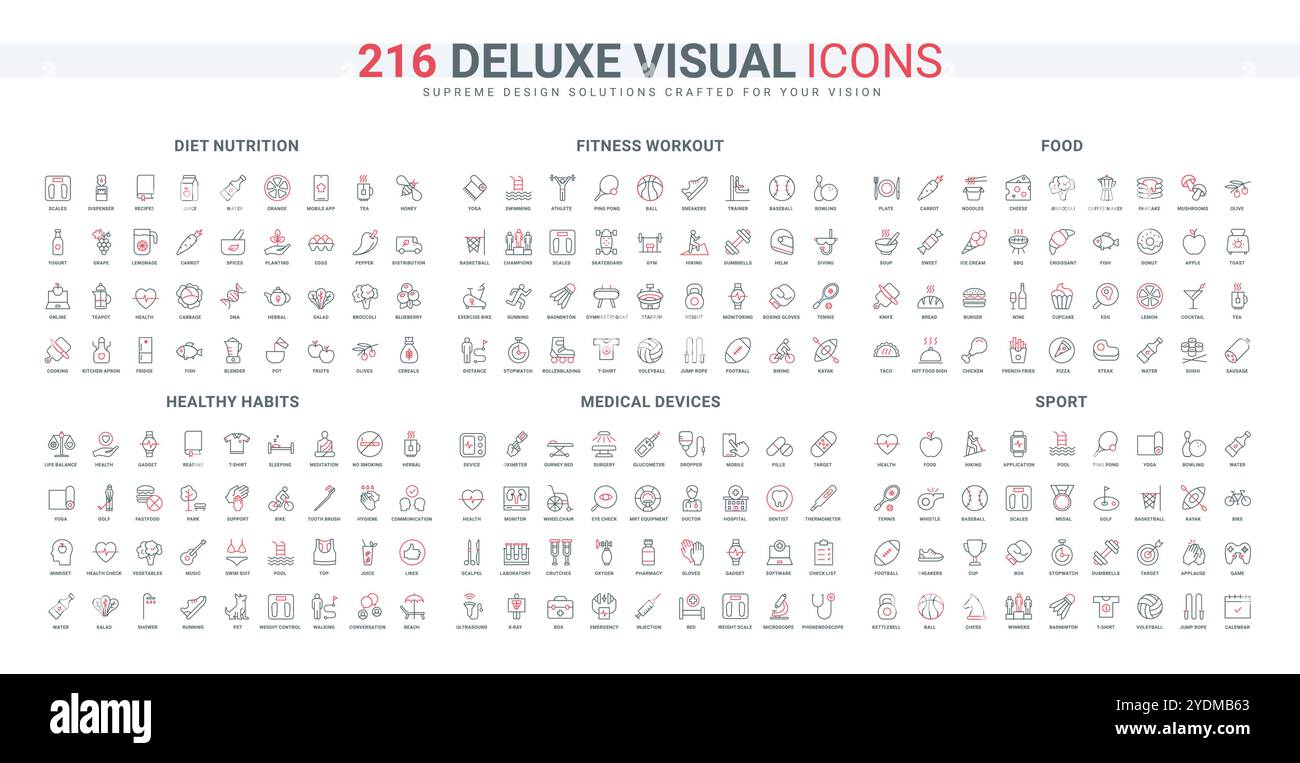 Everyday healthy life habits, diet nutrition, sport workout line icon ...