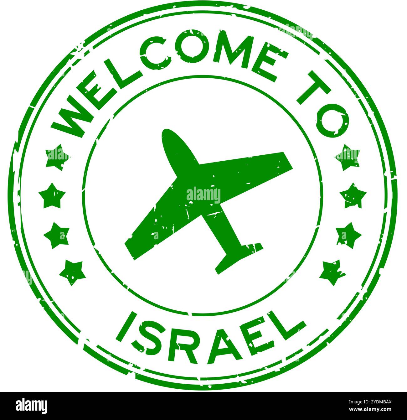 Grunge green welcome to israel with airplane icon round rubber seal ...