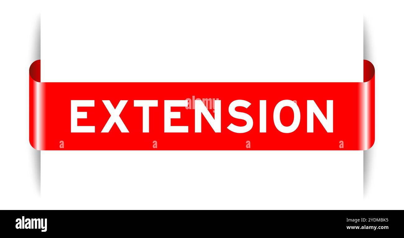 Red color inserted label banner with word extension on white background ...