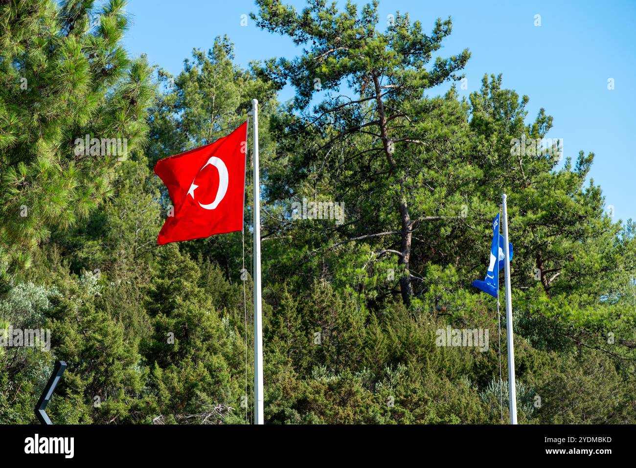 A vibrant display of the Turkish flag alongside a blue sea flag, framed ...