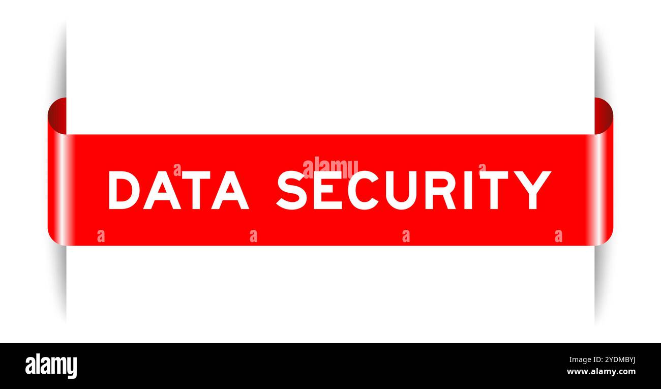 Red color inserted label banner with word data security on white ...