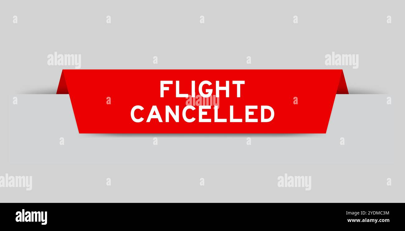 Red color inserted label with word flight cancelled on gray background ...