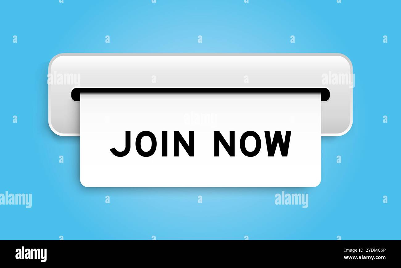 White coupon banner with word join now from machine on blue color ...